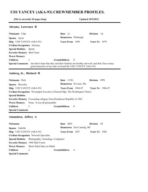 uss yancey (aka-93) - Military Locator & Reunion Service