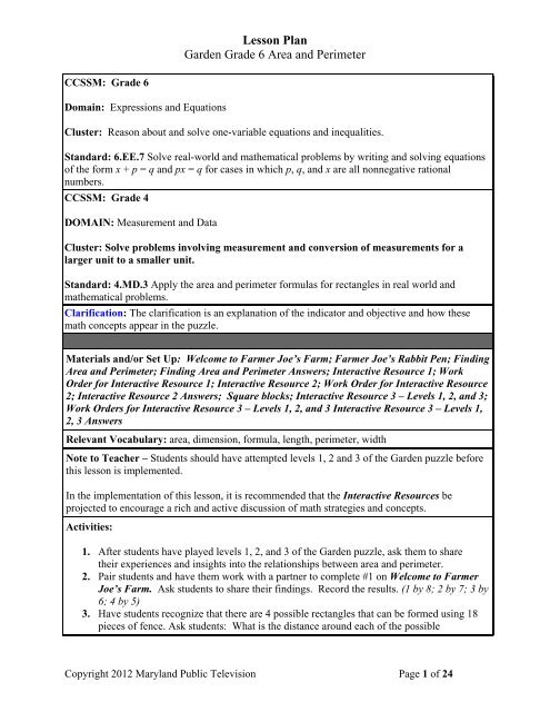 Lesson Plan Garden Grade 6 Area and Perimeter