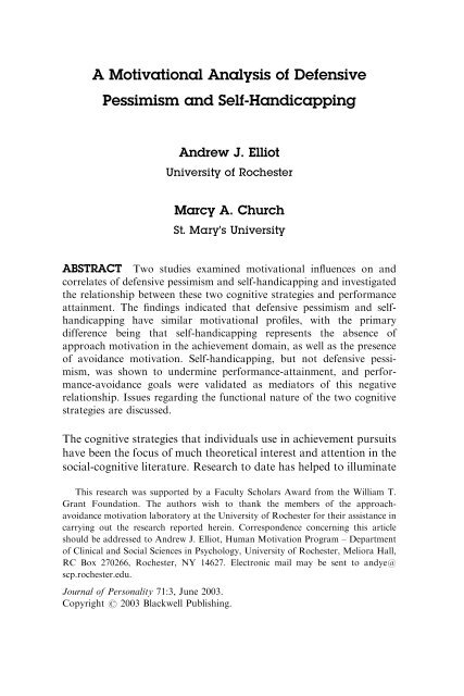 A Motivational Analysis of Defensive Pessimism and Self ...