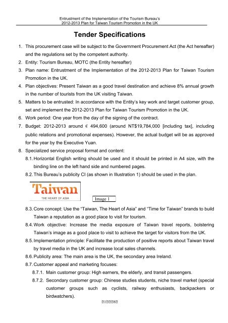 Tender Specifications - Taiwan