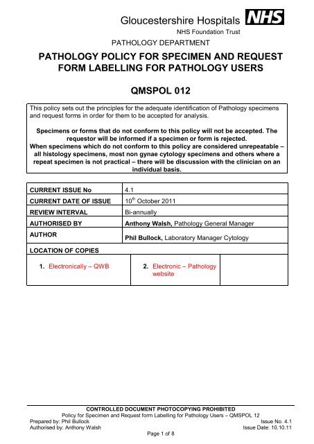 Policy for Specimen and Request Form Labelling for