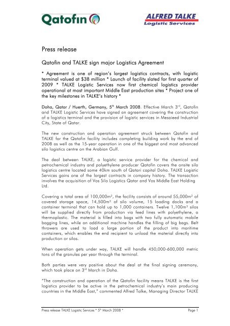 Qatofin and TALKE sign major Logistics Agreement - sa talke