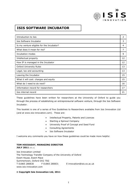 ISIS SOFTWARE INCUBATOR - Isis Innovation