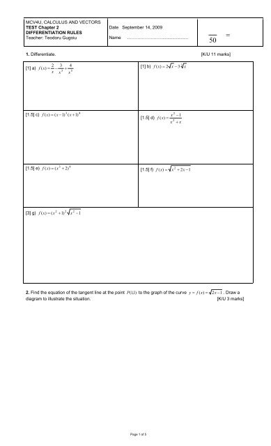 MCV4U, CALCULUS AND VECTORS TEST Chapter 2 ... - La Citadelle