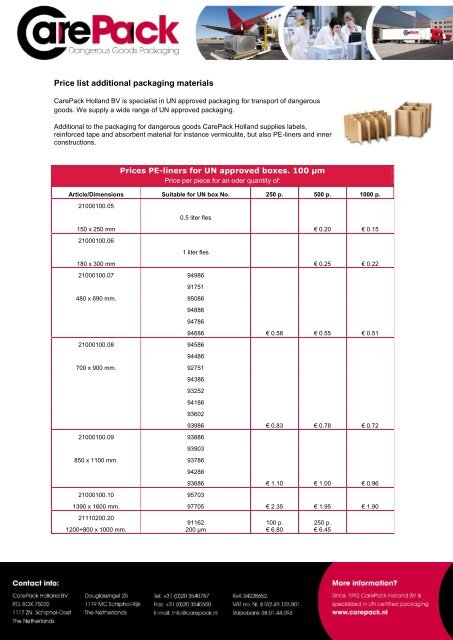 Download here the sheet with additional ... - Carepack Holland