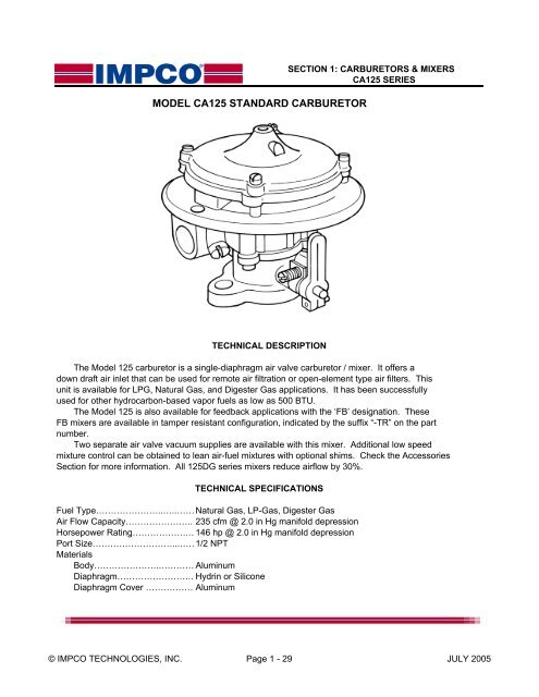 MODEL CA125 STANDARD CARBURETOR - Teeco Products, Inc.
