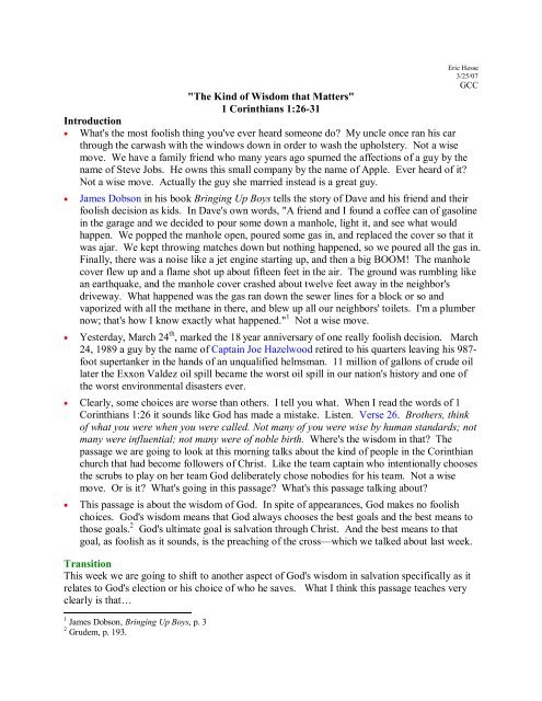 "The Kind of Wisdom that Matters" 1 Corinthians 1:26-31 Introduction ...