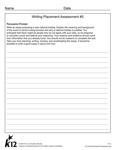 Name Date Writing Placement Assessment #5 - K12.com
