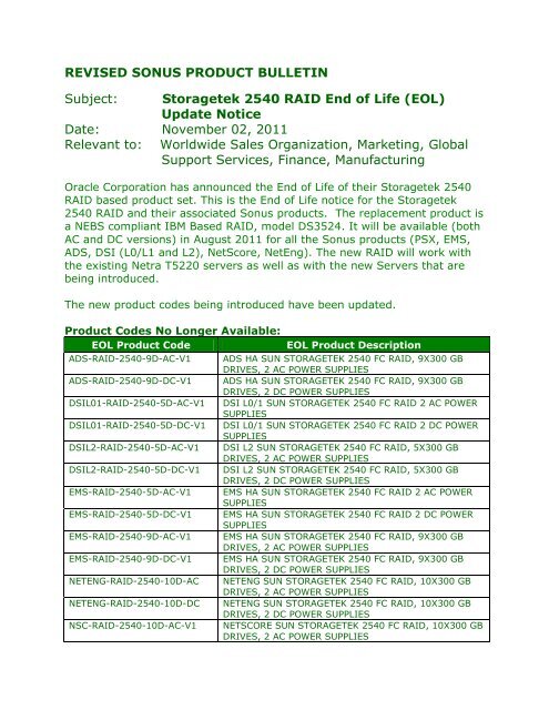 Storagetek 2540 RAID End of Life (EOL)