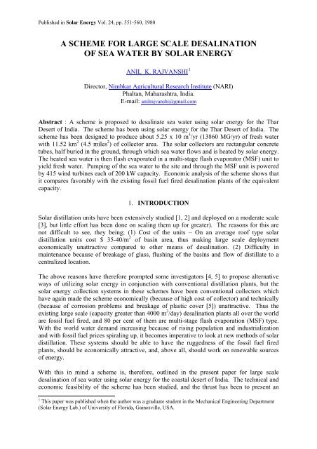 Large Scale Desalination of Sea Water Using Solar Energy - NARI