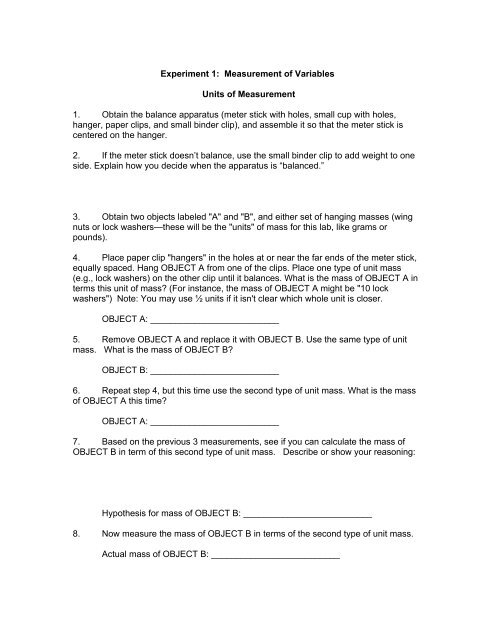 Experiment 1: Measurement of Variables Units of Measurement 1 ...