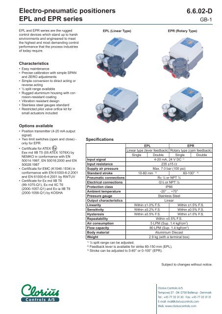 Electro-pneumatic positioners EPL and EPR ... - Clorius Controls