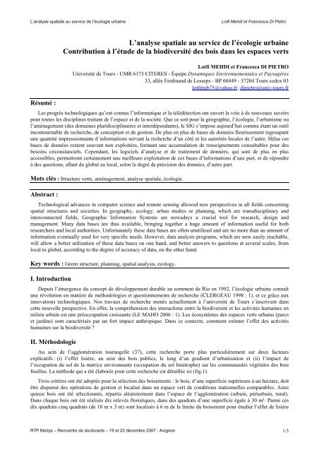 L'analyse spatiale au service de l'Ã©cologie urbaine