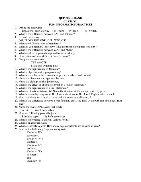 QUESTION BANK CLASS-XII SUB- INFORMATICS PRACTICES 1 ...