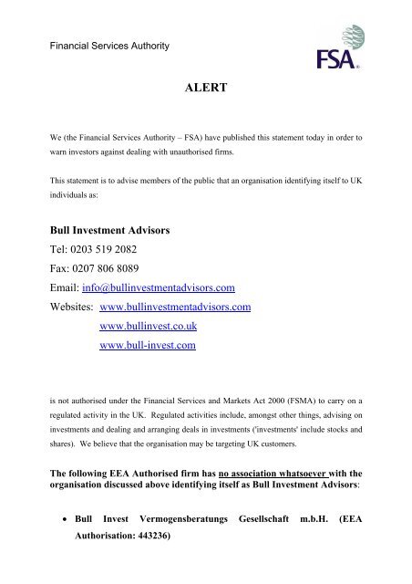 Bull Investment Advisors Alert - Financial Services Authority