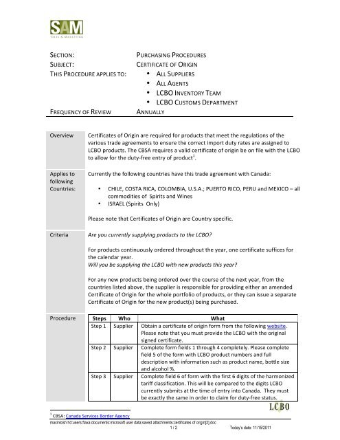 Certificates of Origin - Doing Business with LCBO