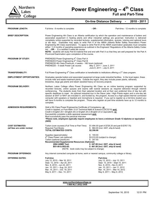 Power Engineering â 4 Class - Northern Lakes College