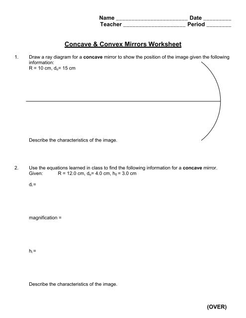 Concave And Convex Mirrors Worksheet Law Of Reflection With Plane