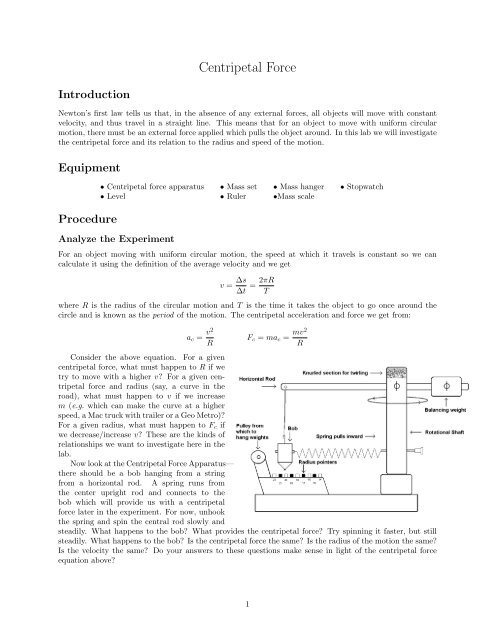 Centripetal Force Experiment Centripetal Force Experiment