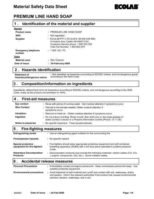 Premium Line Hand Soap - msds - Perth Cleaning Supplies