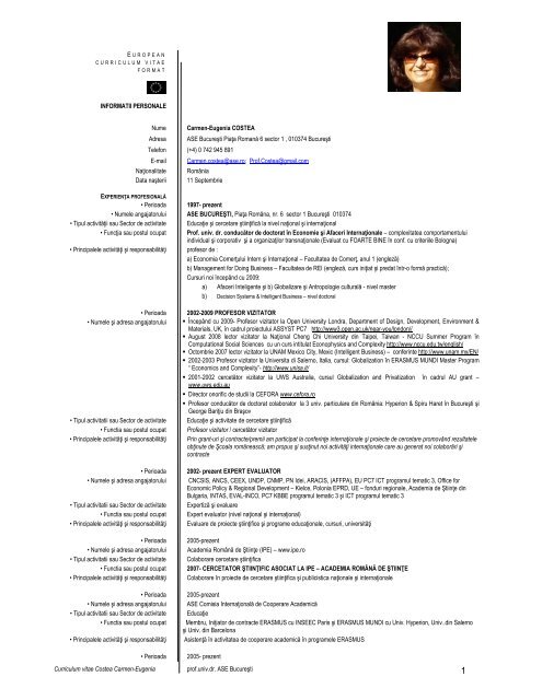 Curriculum vitae Costea Carmen-Eugenia prof.univ.dr. ASE ...