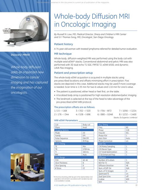 Whole-body Diffusion MRI in Oncologic Imaging - GE Healthcare
