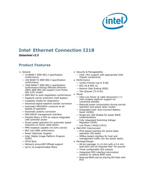 IntelÂ® Ethernet Connection I218 Datasheet