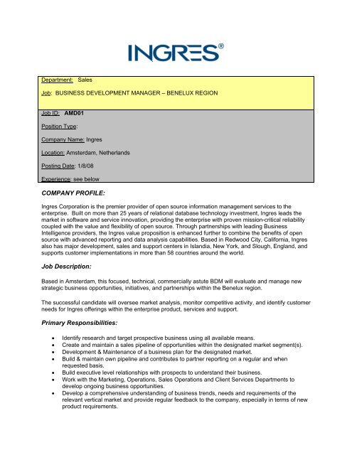 COMPANY PROFILE: Job Description: Primary ... - Actian