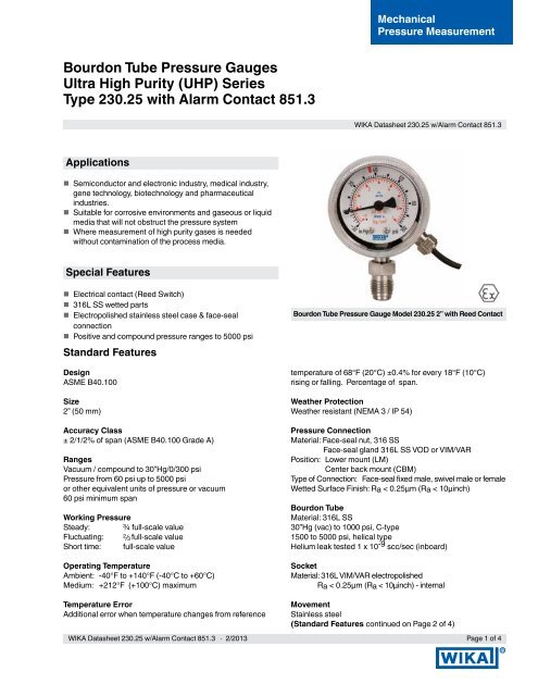 Bourdon Tube Pressure Gauges Ultra High Purity Series Type - WIKA