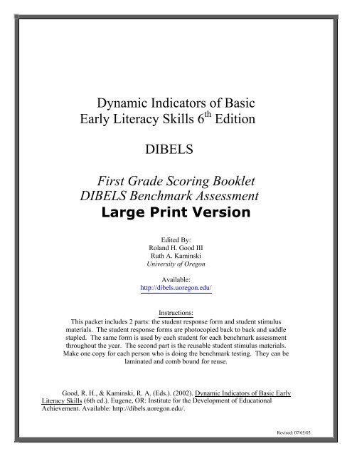 First Grade Scoring Booklet DIBELS Benchmark ...