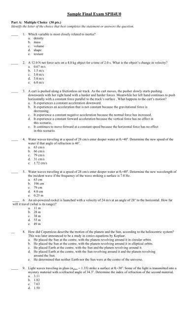 Sample Final Exam SPH4U0 - Sympatico