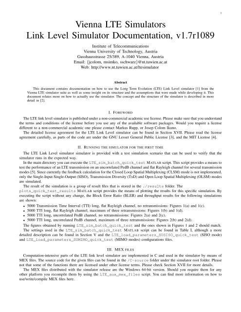 Vienna Lte Simulators Link Level Simulator Documentation