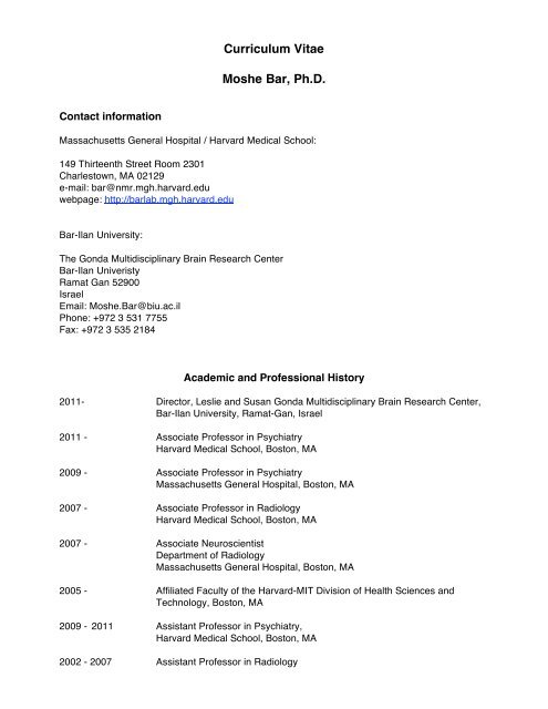 Curriculum Vitae Moshe Bar, Ph.D. - Harvard University
