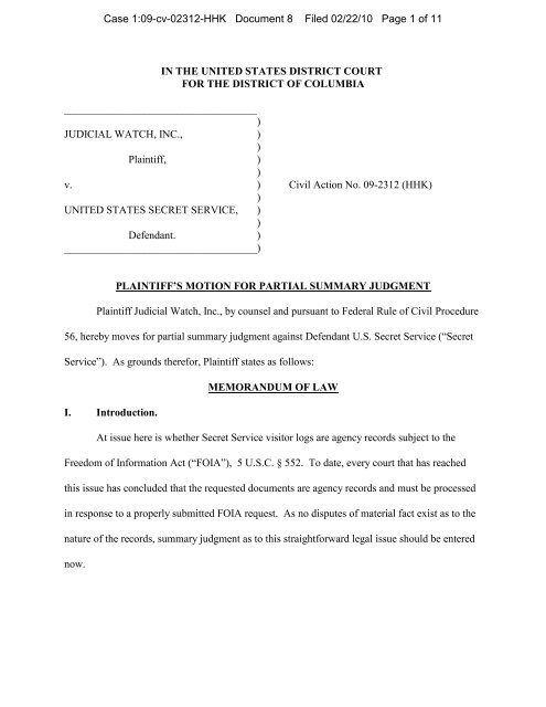 filed a “Motion for Partial Summary Judgment” - Judicial Watch