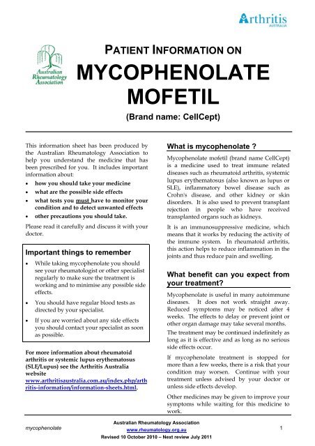 MYCOPHENOLATE MOFETIL - Australian Rheumatology Association