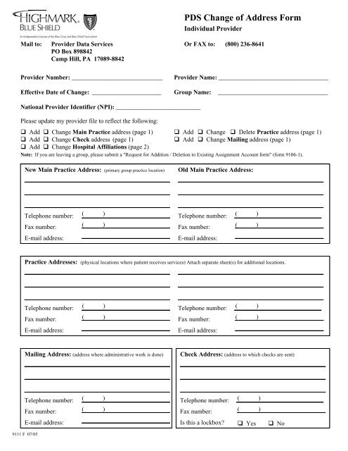 PDS Change of Address Form - Highmark Blue Shield