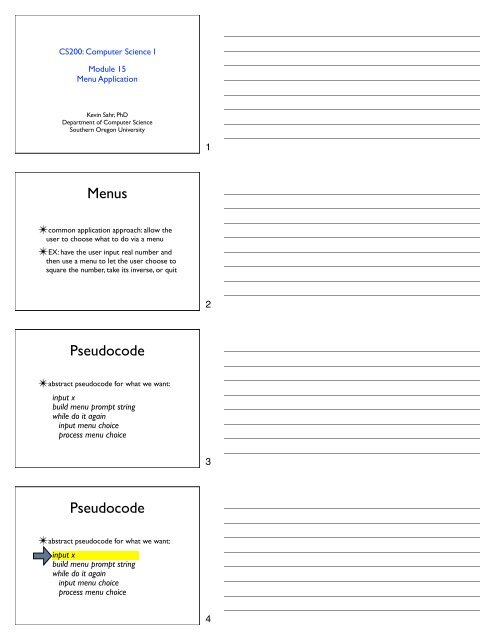 Menus Pseudocode Pseudocode - Southern Oregon University