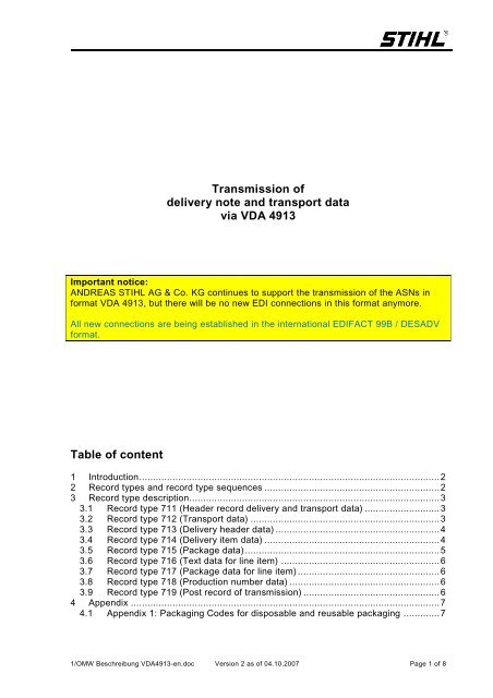 Advanced shipping note VDA 4913 - STIHL Clearing Center