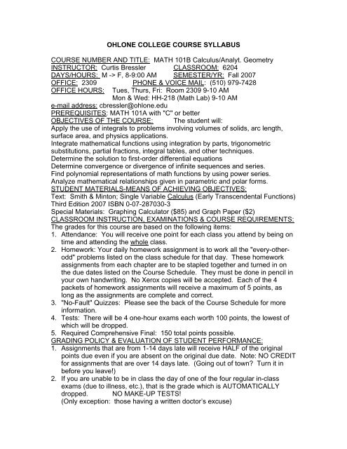 Sample Syllabus MATH-101B by Curtis Bressler ... - Ohlone College