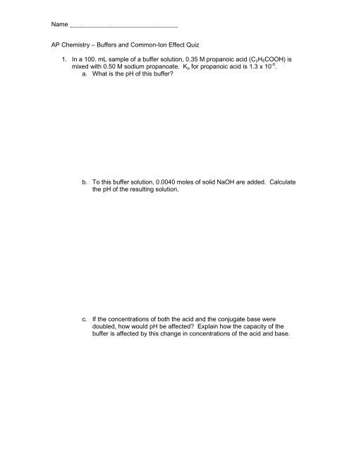 AP Chemistry â Buffers and Common-Ion Effect Quiz