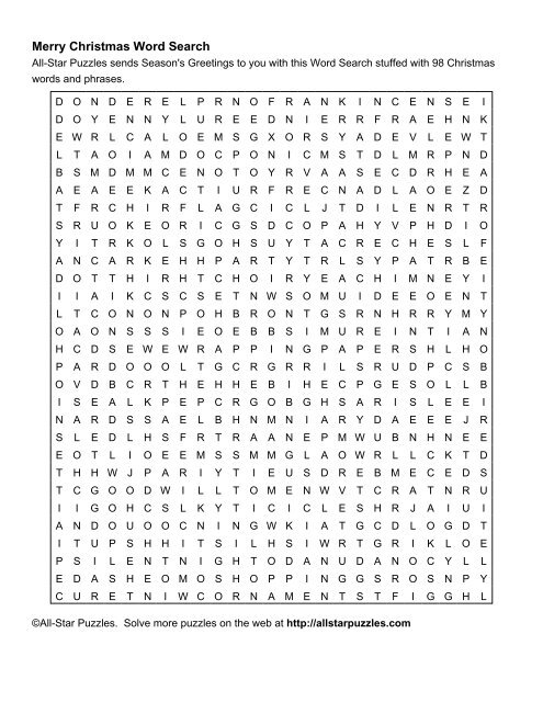 A PDF File Of The Merry Christmas Word Search All Star Puzzles