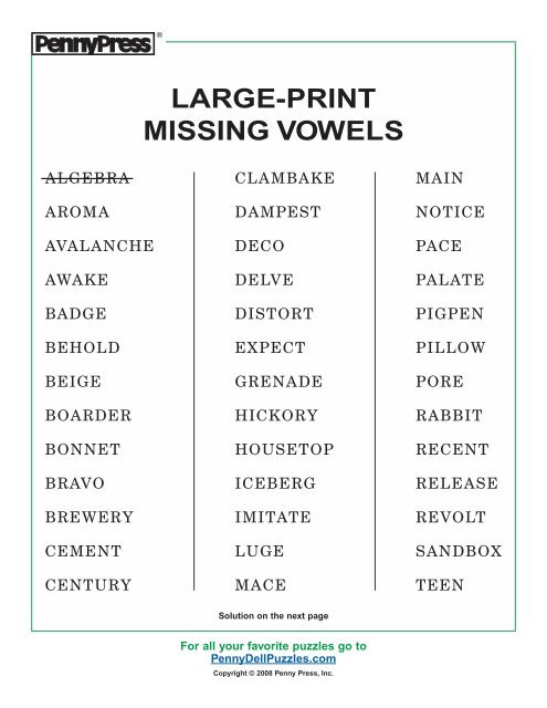 Large-Print Missing Vowels - PennyDellPuzzles