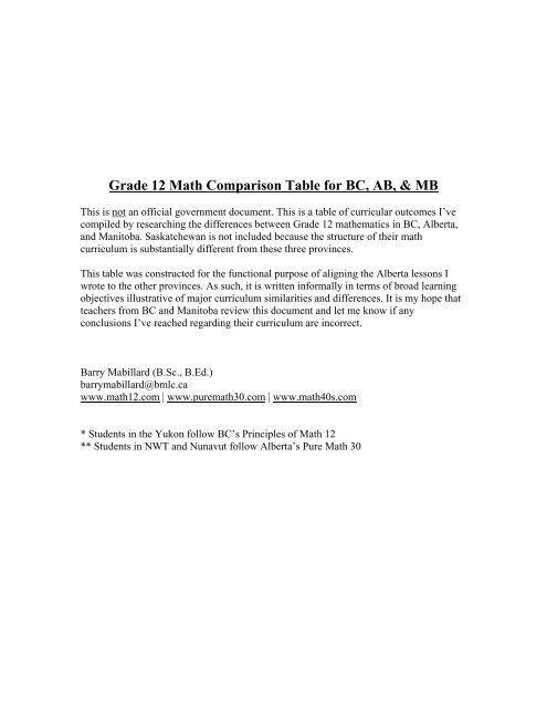 Grade 12 Math Comparison Table for BC, AB, & MB - Pure Math 30 ...