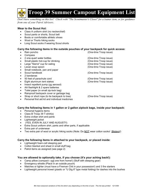 Summer Equipment List - Boy Scout Troop 39