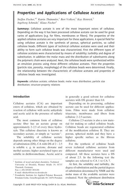 Properties and Applications of Cellulose Acetate - Wiley Online Library