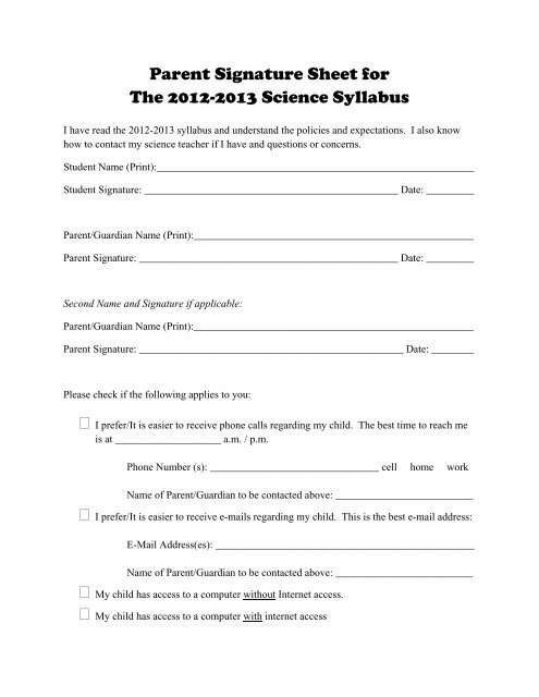 Parent Signature Sheet for The 2012-2013 Science Syllabus