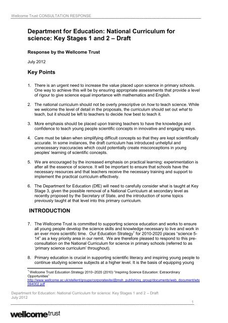 National Curriculum for science: Key Stages 1 and 2 - Wellcome Trust