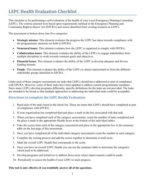 LEPC Health Evaluation Checklist