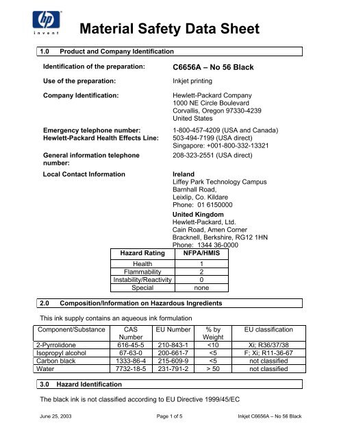 Inkjet Printer Cartridge Material Safety Data Sheet - My Supply Chain