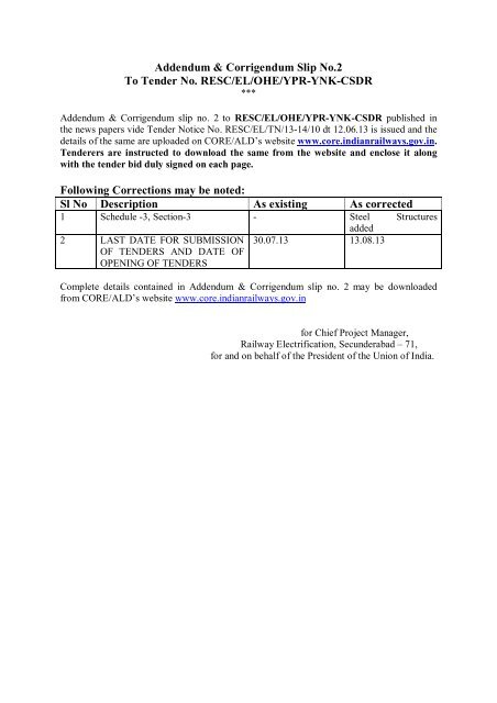 Addendum & Corrigendum Slip No.2 To Tender No. RESC/EL/OHE ...